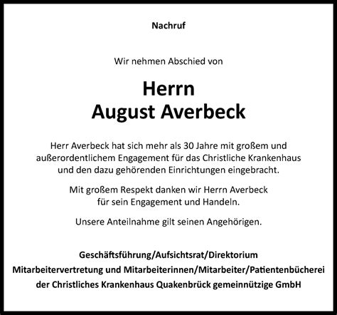 Traueranzeigen Von August Averbeck Noz Trauerportal