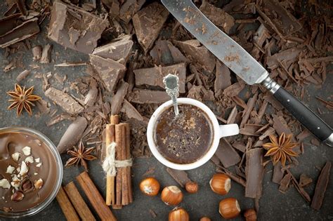 Premium Photo Dark Chocolate In A Composition With Cocoa Beans And