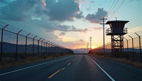 American Border Security Concept Border Fence With Watchtower Road