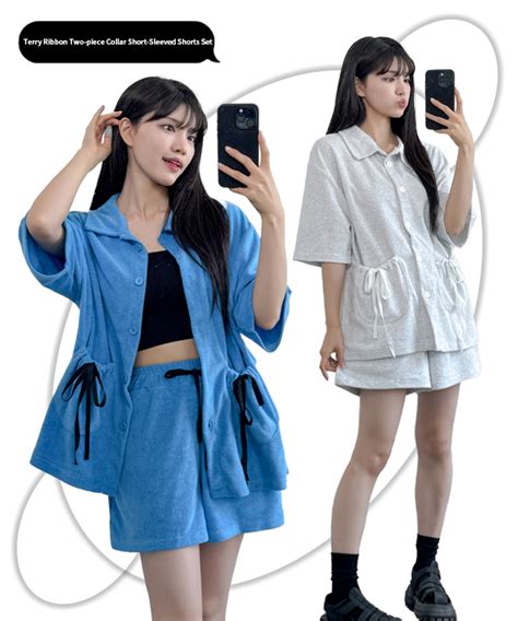 커넥트 테리 리본 투피스 카라 반팔 반바지 셋업 세트 4color