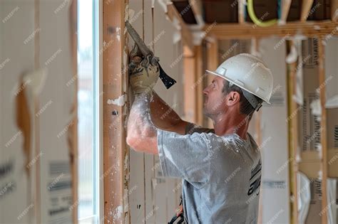 Premium Photo Construction Worker Installing Drywall Interior