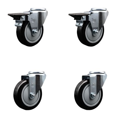 4 Inch Black Poly Wheel Swivel Bolt Hole Caster Set With 2 Posi Lock