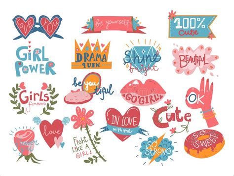 Girl Power Trendy Stickers With Inscription And Pink Cute Stuff Vector