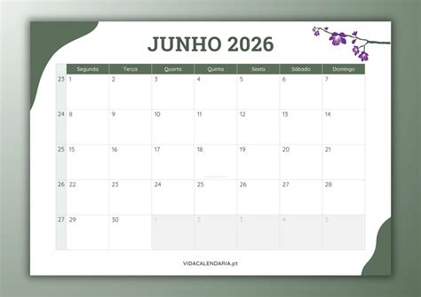 Calendário Junho 2026 💜 Para Imprimir Feriados E Festas Populares
