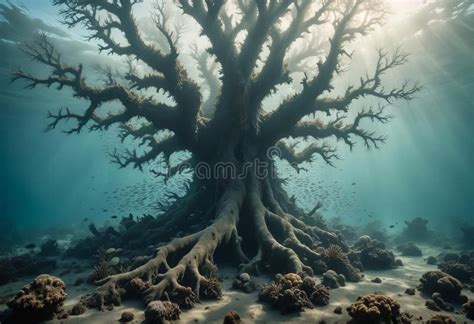 A Dark Moody Underwater Scene With A Large Twisted Tree Like