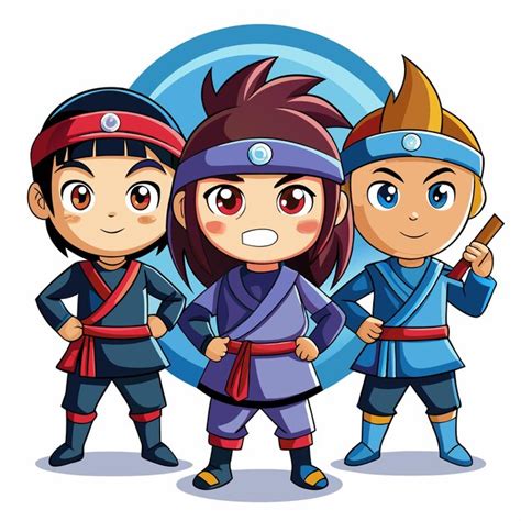 Three Cartoon Ninjas In Different Colored Outfits Stand Together Premium Ai Generated Vector