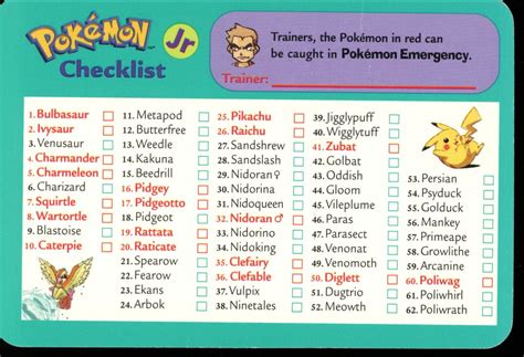 Pokemon Jr Adventure 35 X 45 Game Card Checklist Card Unmarked