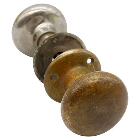 Pair Of Round Brass And Nickel Plated Door Knobs With Matching Rosettes Antique For Sale At