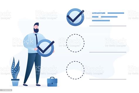 완료된 작업에 대한 체크리스트입니다 시간 관리 목록 또는 사무실 일 플래너를 수행합니다 프로젝트 확인란 또는 성과 목록입니다 사업가 보유 진드기 기호 개념에 대한 스톡 벡터