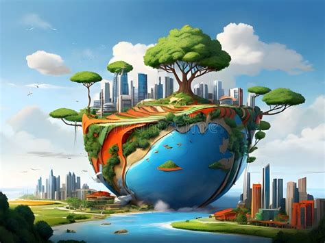 Planet Earth With Sustainable Environment Balanced Ecosystem Nature And City Stock