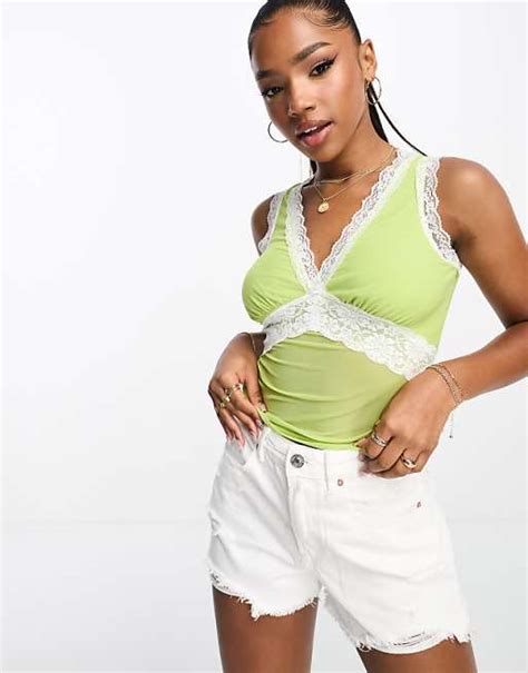 Bailey Rose 90s V Neck Cami Top In Lime With Lace Trim Asos