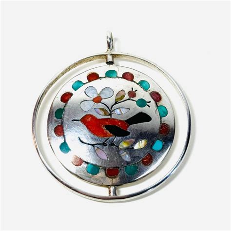 Zuni Spinner Pendant Signed Randolph Ghahate Turquoise Coral Mother Of