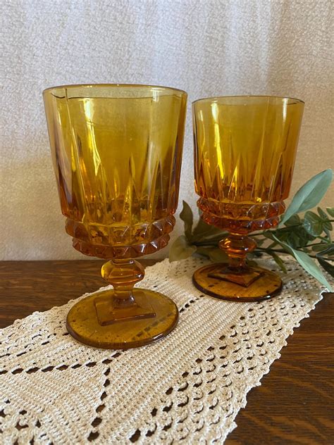 Amber Stemware Wine Glasses Goblets Set Of 2 Vintage Etsy
