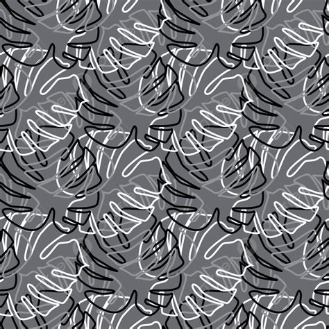 Monochrome Monstera Leaves Seamless Pattern In Outline Style Background