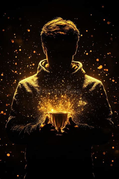 Mysterious Figure Holding Glowing Cup Sparkles Dark Environment Stock