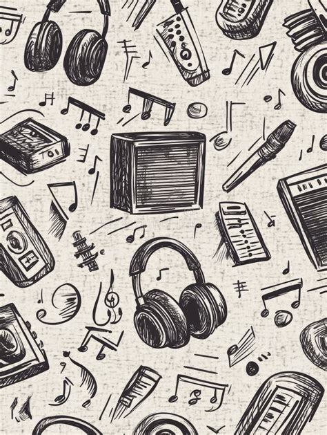 Intricate Doodle Pattern Showcases Headphones Speakers Musical Notes And Sound Waves