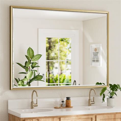 Queenfun 48 X 36 Gold Bathroom Mirror Brushed Gold Beveled