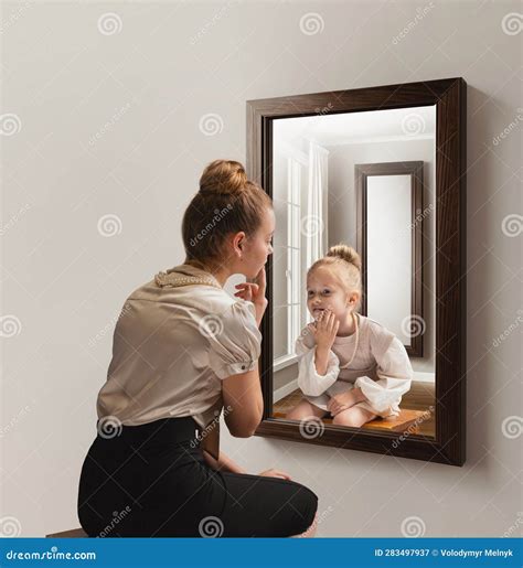 Creative Conceptual Collage Young Woman Looking In Mirror And Seeing