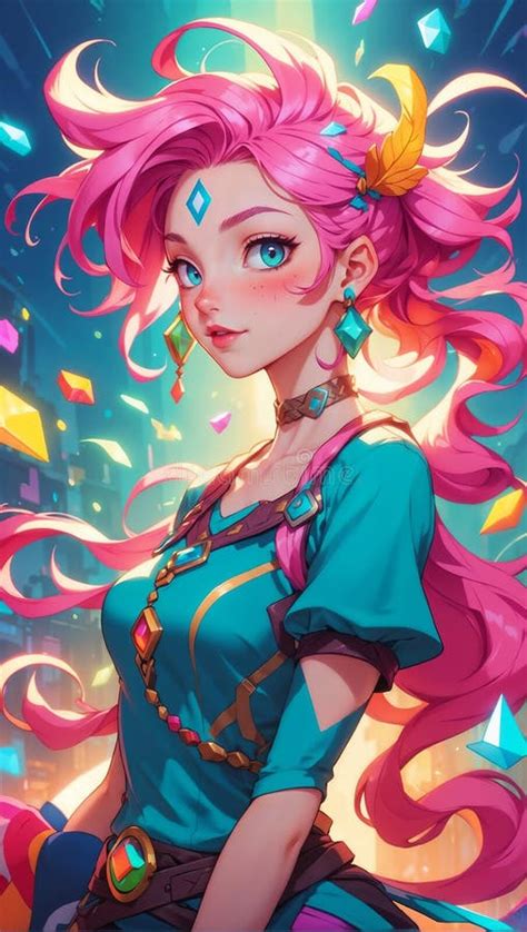 An Illustration Of A Girl With Pink Hair And Blue Eyes Wearing A Dress