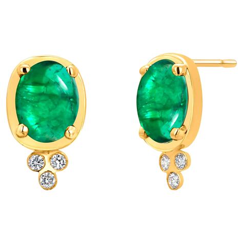 14k Yellow Gold Cabochon Emerald And Diamond Bezel Set Earrings 270