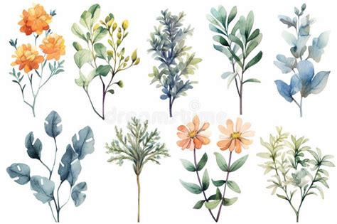 A Set Plant Elements On A White Background Stock Illustration