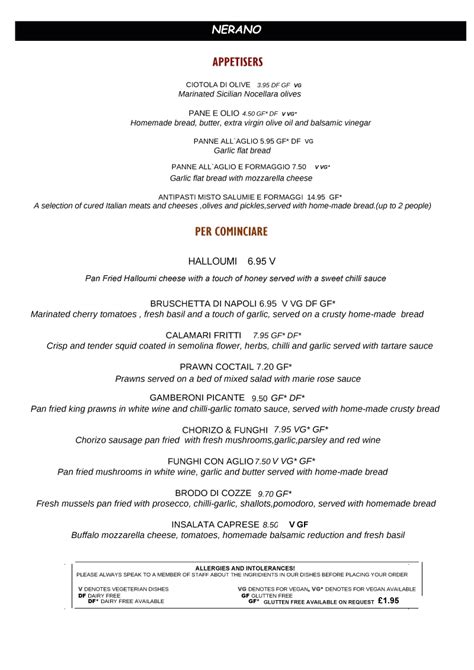 Menus Nerano Italian Restaurant Devizes