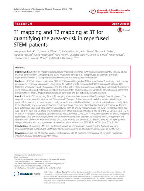 Pdf T1 Mapping And T2 Mapping At 3t For Quantifying The Area At Risk