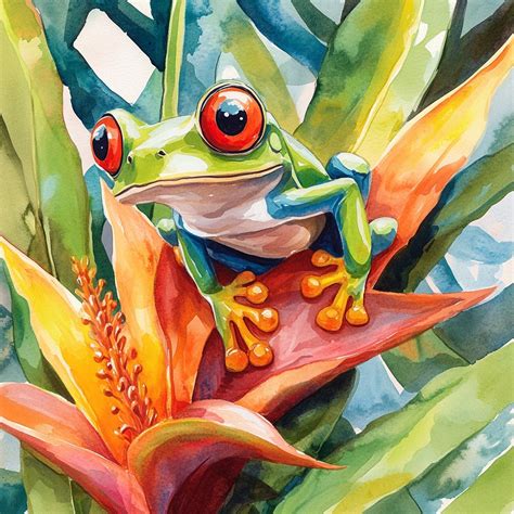 Red Eyed Tree Frog Watercolor Portrait Clipart  Digital Download