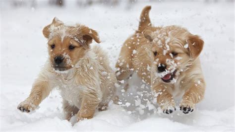 Puppies Frolic In The Snow Chasing Each Other With Joyful Barks Stock