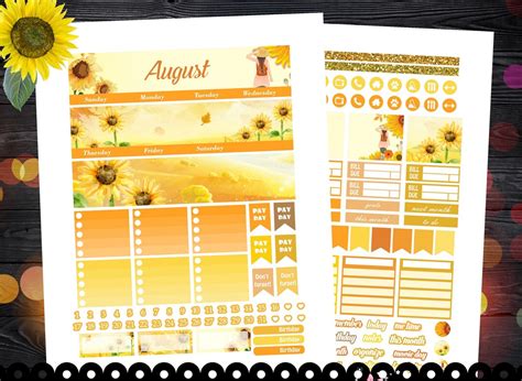 August Sunflower Planner Stickers Erin Condren Life Planner Digital