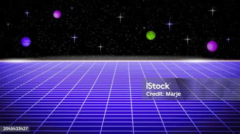 Futuristic Vaporwave Synthwave Grid Background Against Outer Space