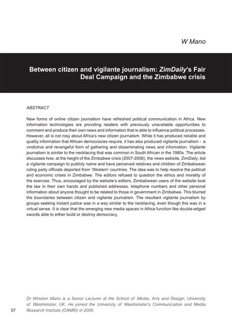 Pdf Between Citizen And Vigilante Journalism Zimdailys Fair Deal
