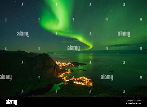 Aurora Borealis Over Coastal Village Moskenesoya Lofoten Norway