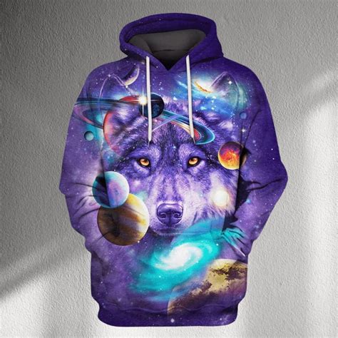 Galaxy Wolf Hoodie Cosmic Space Planets Print Unisex Pullover Purple