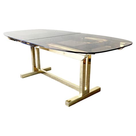 Hollywood Regency Gold Extendable Dining Table With Smoked Glass Top By