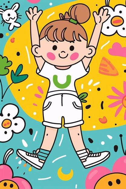 Premium Photo Cute Happy Girl Poster Art Style Generative Ai
