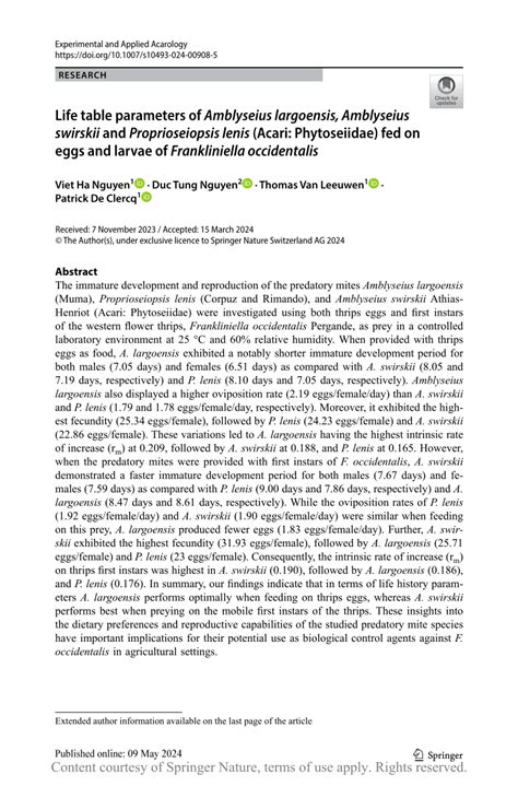 Life Table Parameters Of Amblyseius Largoensis Amblyseius Swirskii And Proprioseiopsis Lenis