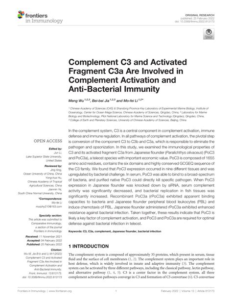 Pdf Complement C3 And Activated Fragment C3a Are Involved In Complement Activation And Anti