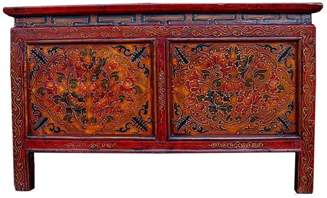 Tibetan Cabinet With Intricate Carvings In Red