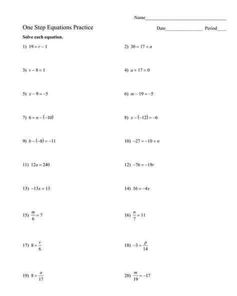 Printable One Step Equation Practice Worksheet Free Download And