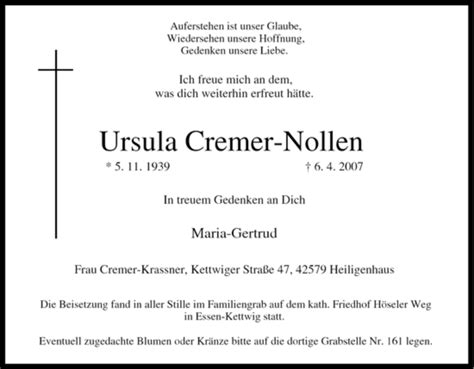 Traueranzeigen Von Ursula Cremer Nollen Trauer In Nrw De