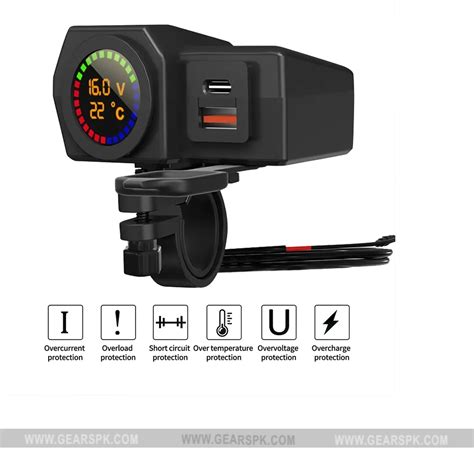 Motorcycle Dual USB Type C Charger V QC Fast Charging Voltmeter Thermometer Digital