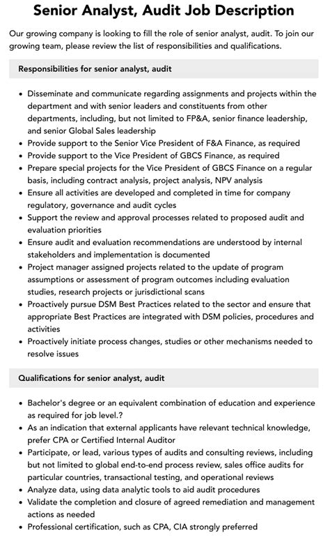 Senior Analyst Audit Job Description Velvet Jobs