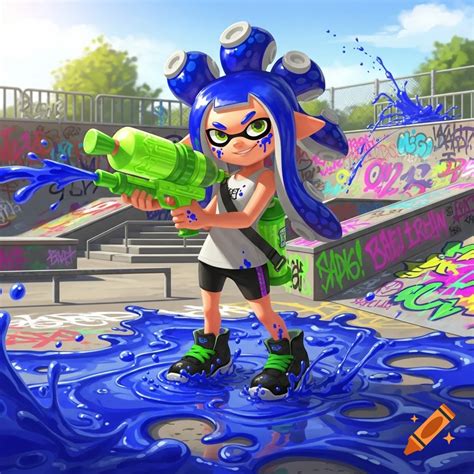 A Blue Haired Splatoon Inkling Character Holds A Green Water Gun