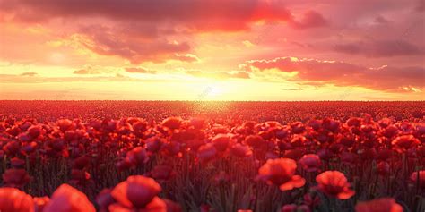 Beautiful Poppies Field With Sunset Sky Golden Over Rolling Poppy