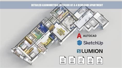 Detailed Axonometric Interior Of A 4 Bedroom Apartment 3d Model Cgtrader