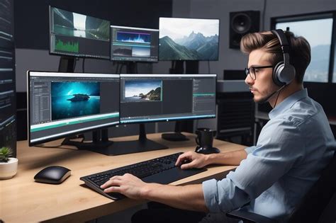 Young Male Editor Editing Video On Computer At Workplace Premium Ai