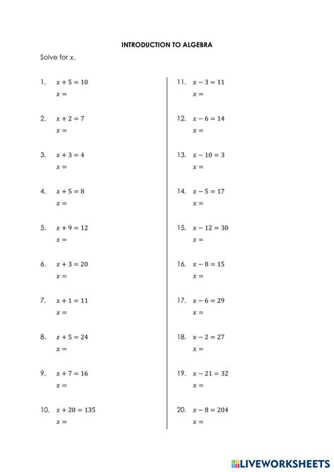 Intro To Algebra Live Worksheets