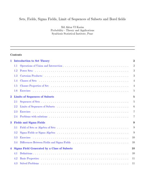 sets fields sigma fields limit of sequences of subsets and borel