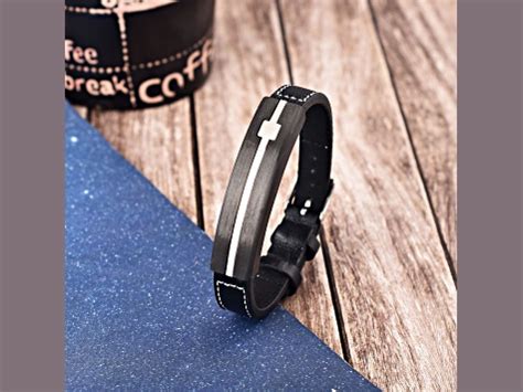 Mens Black Leather And Stainless Steel Cross Bracelet 1563ka Jtv